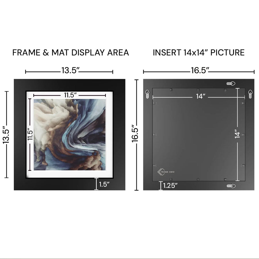 14x14 Frame Matted to 12x12 – Solid Wood Square Frame with Tempered ...