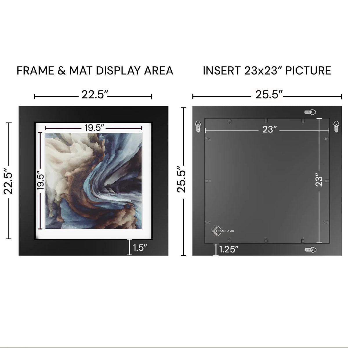 23x23 Frame Matted to 20x20 – Solid Wood Square Frame with Tempered ...