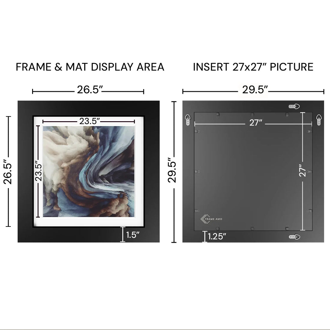 27x27 Frame Matted to 24x24 – Solid Wood Square Frame with Tempered ...